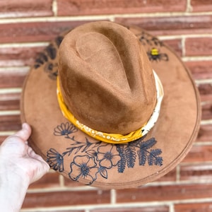 Hand Burned and Beaded Wide Brim Custom Fedora Hat | Honey Bee, Flowers, Floral, Country ...