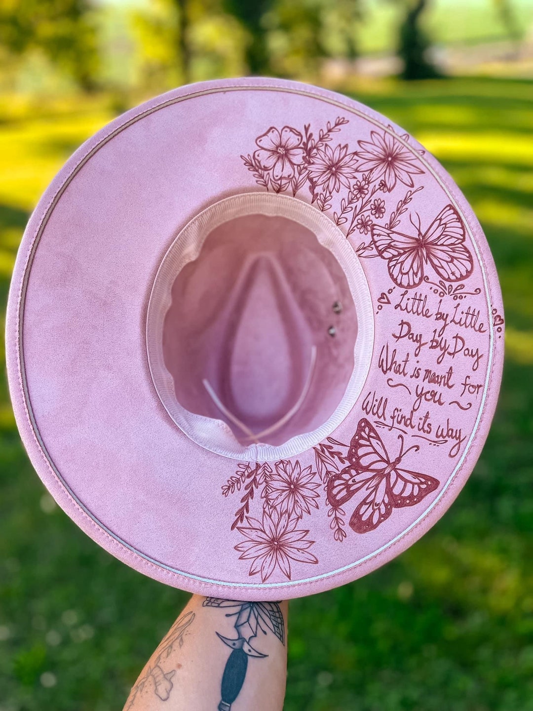Pink and Pearls Butterfly Hat | Wide Flat Brim Fedora, Script ...