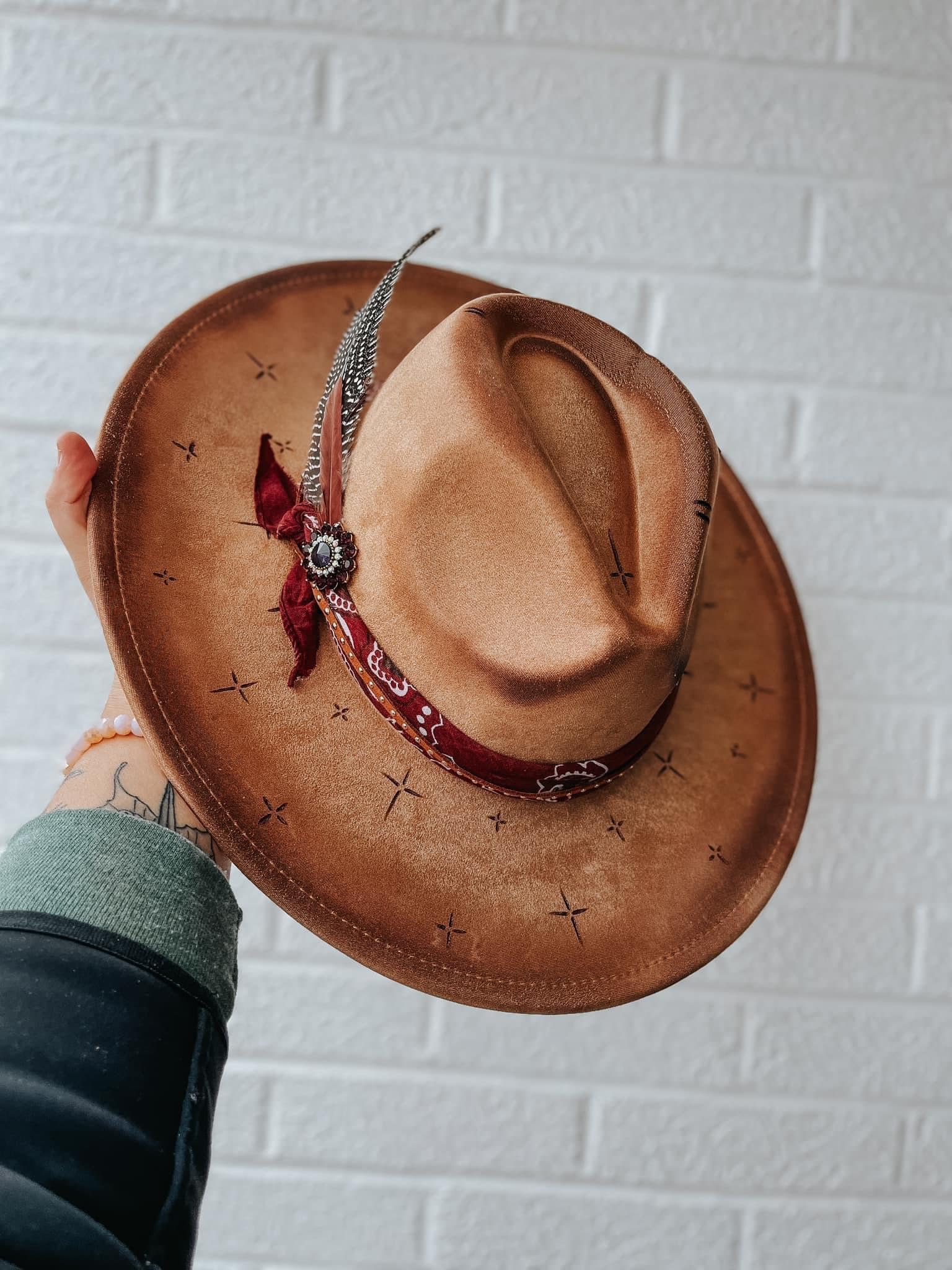 Hand Burned Custom Wide Brim Fedora Hat | Cross, Star, Bandana, Brooch ...