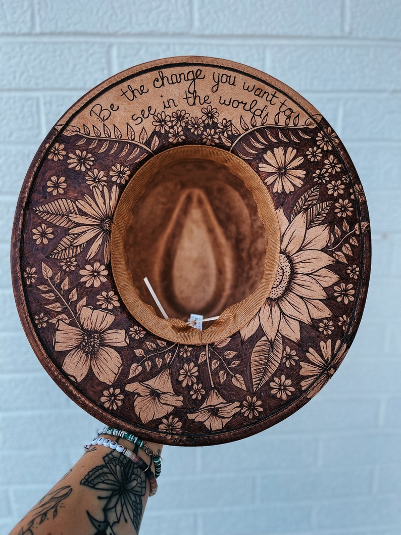 Hand Burned Custom Wide Brim Fedora Hat Floral, Flower, Sunflower, Summer, Derby, Concert ...