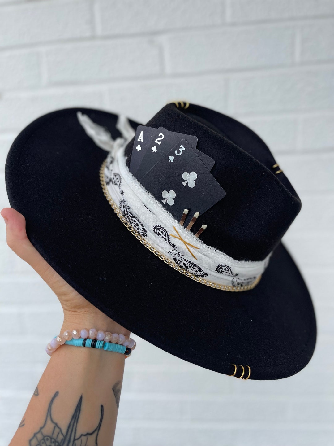 Black & Gold Custom Wide Brim Fedora | Cards Concert Western Gothic ...