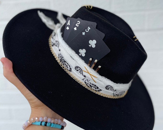 Black & Gold Custom Wide Brim Fedora | Cards Concert Western Gothic ...