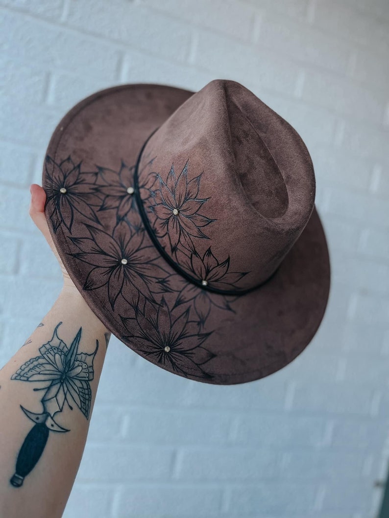 Dark Brown Hand Burned Custom Wide Brim Fedora Hat Rhinestone, Gem, Flower, Floral, Sunflower ...