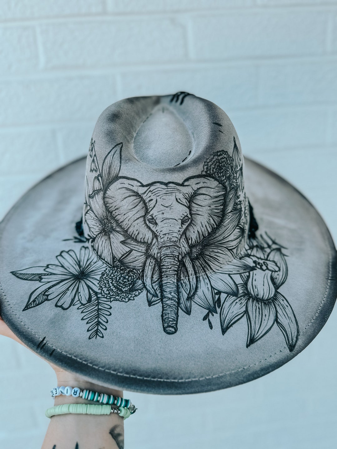 Hand Burned Custom Wide Brim Fedora Hat | Floral, Flower, Sunflower, Summer, Derby, Elephant ...