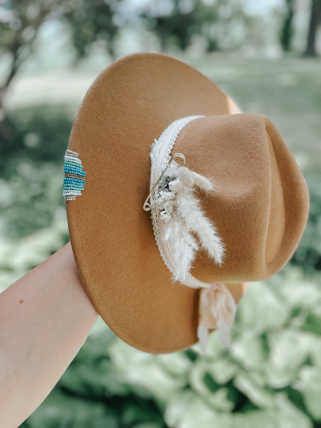 Beaded Fedora Hat Wool, Western, Boho, Hippie, Floral, Ribbon, Lace ...