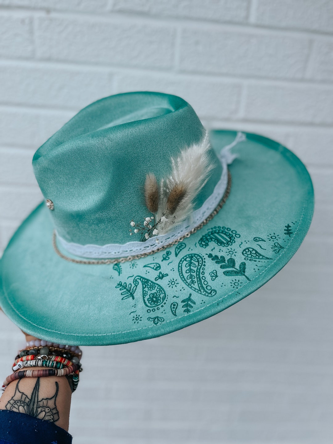Custom Hand Burned Wide Brim Fedora Hat | Paisley, Lainey Wilson, Chain, Hippie, Derby, Floral ...
