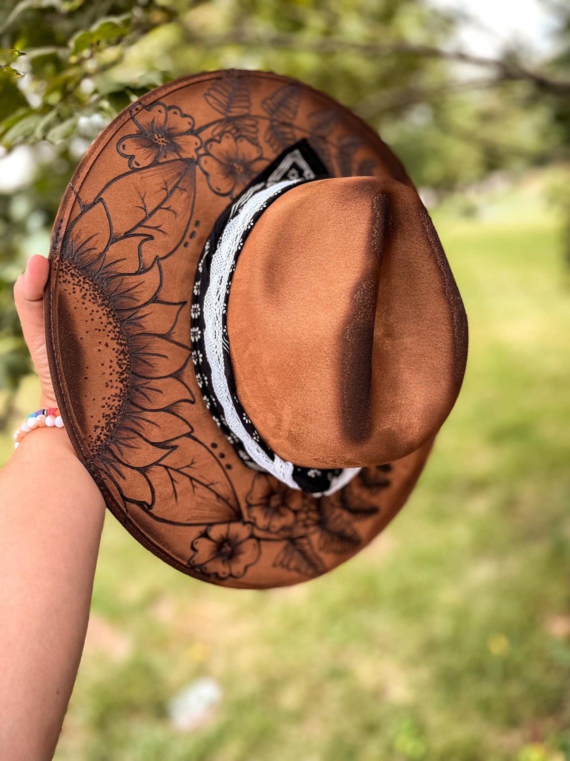 Burned Custom Wide Brim Fedora Hat Wildflowers, Bandana, Lace, Country, Boho, Concert, Derby ...