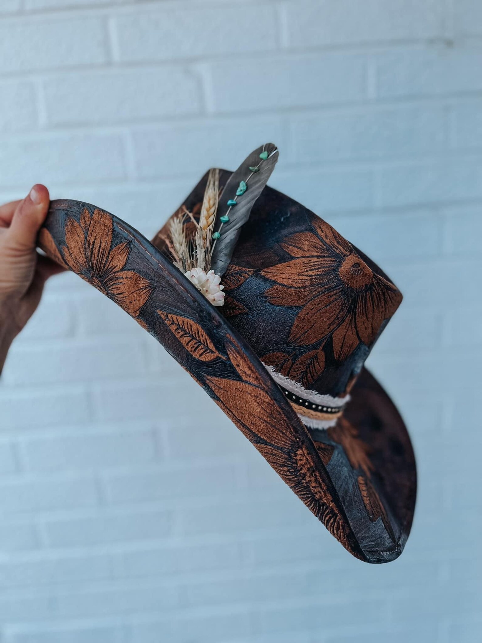 Sunflower Cowboy Burn Hat | Full Reverse Burn, Turquoise, Cowgirl ...