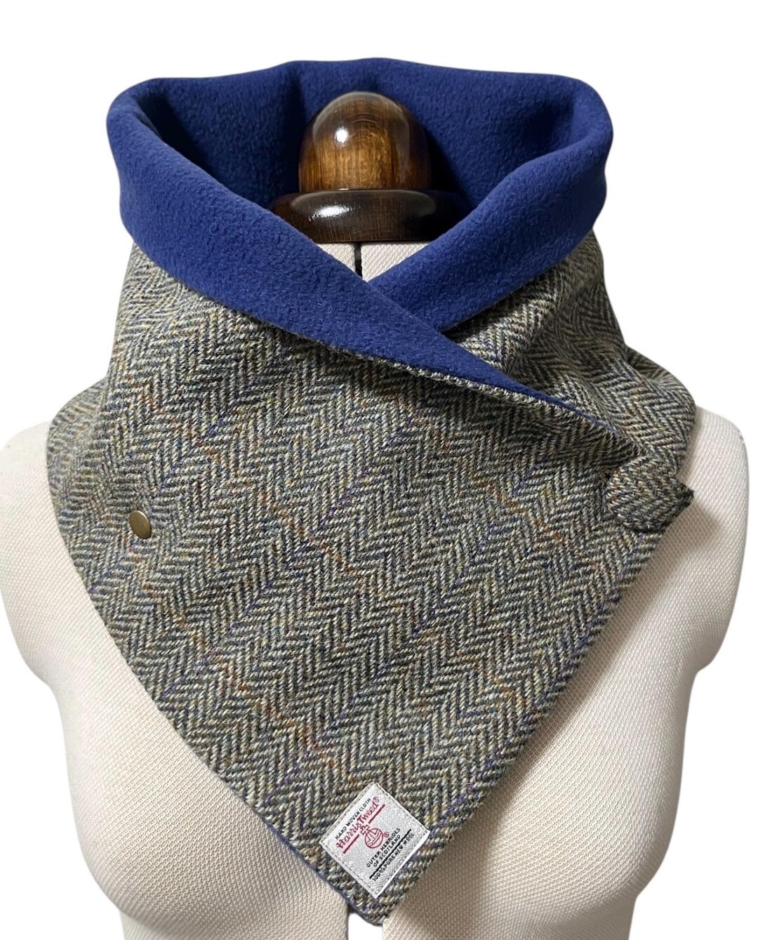 Harris Tweed Wool Neck Warmer: Blue Herringbone Fleece Lined Snood ...