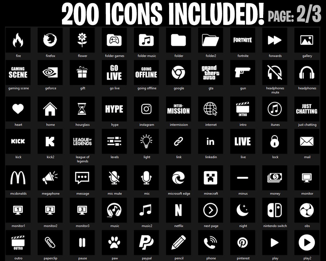 Black and White Stream Deck Icons: 200 Elgato Function Buttons (digital ...