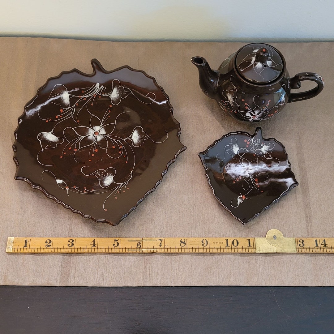 Brown Small Tea Pot Tea Bag Holder Leaf Plate High Gloss, Tea Party Set ...
