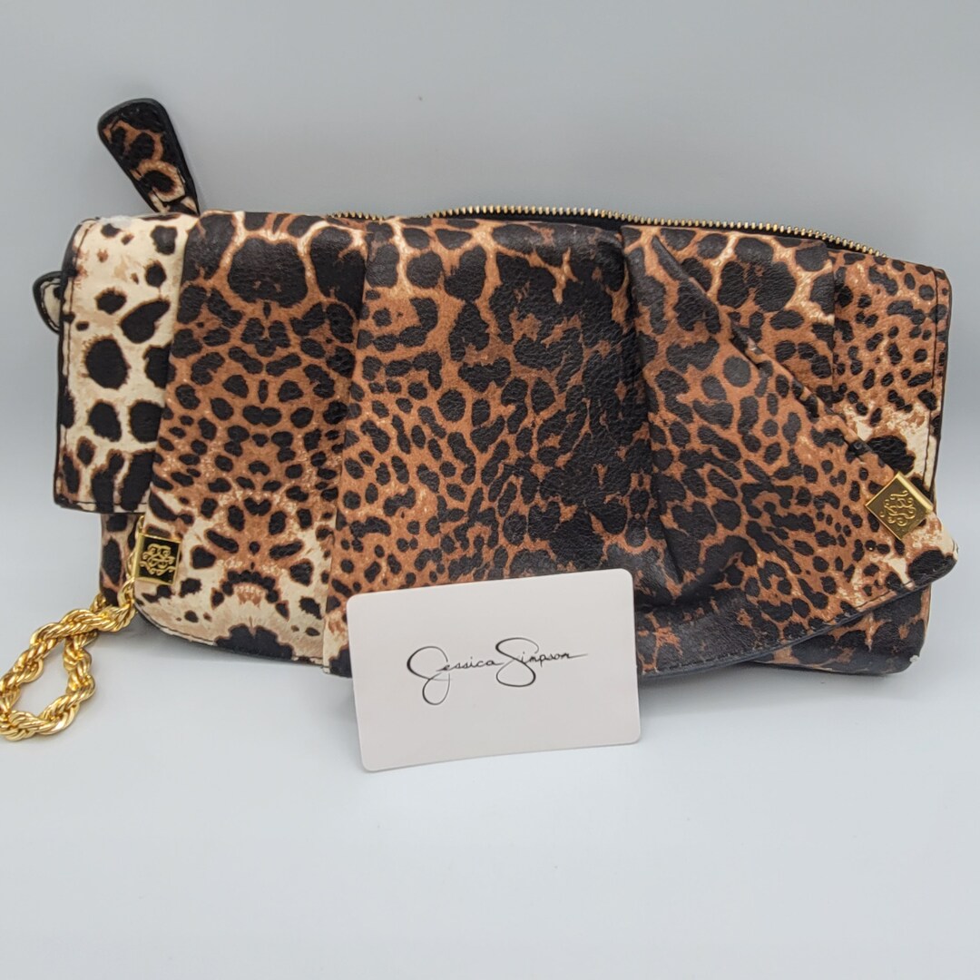 Jessica Simpson Women's Leopard Foldover Clutch Purse Handbag Gold ...