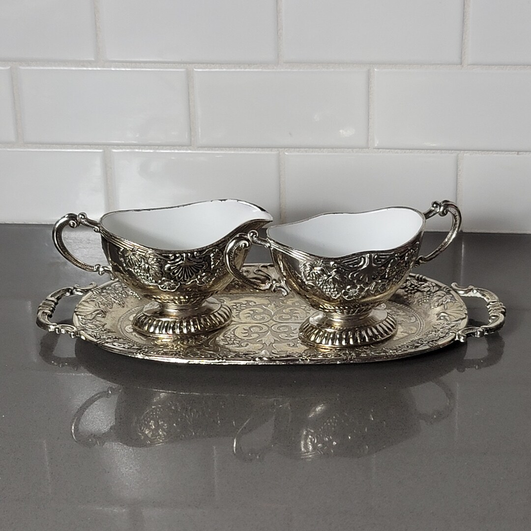 ER Zinc Small Creamer and Sugar Bowl With Matching Tray Japan - Etsy