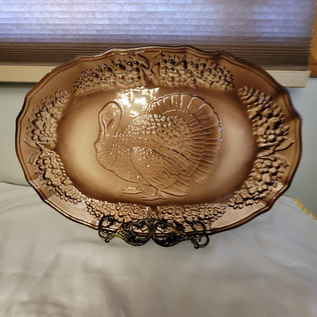 Vintage Turkey Platter, Thanksgiving Ceramic Tray, Brown Turkey Platter ...