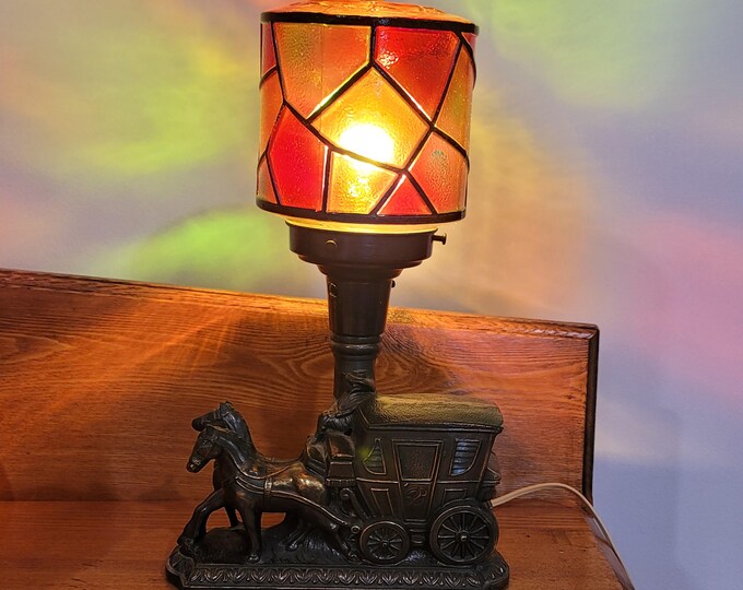 Antique Stagecoach Lamp: Cast Iron Accent Lamp With Stained Glass Shade ...