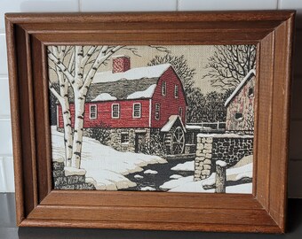 Framed Kay Dee Linen Print, Red Barn & Silo in Winter, Red, White ...