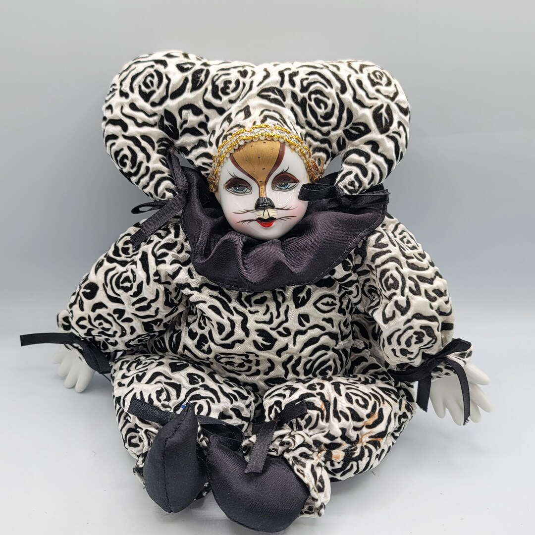 Vintage Clown Jester Doll Porcelain Face Black Roses 12 Inches - Etsy
