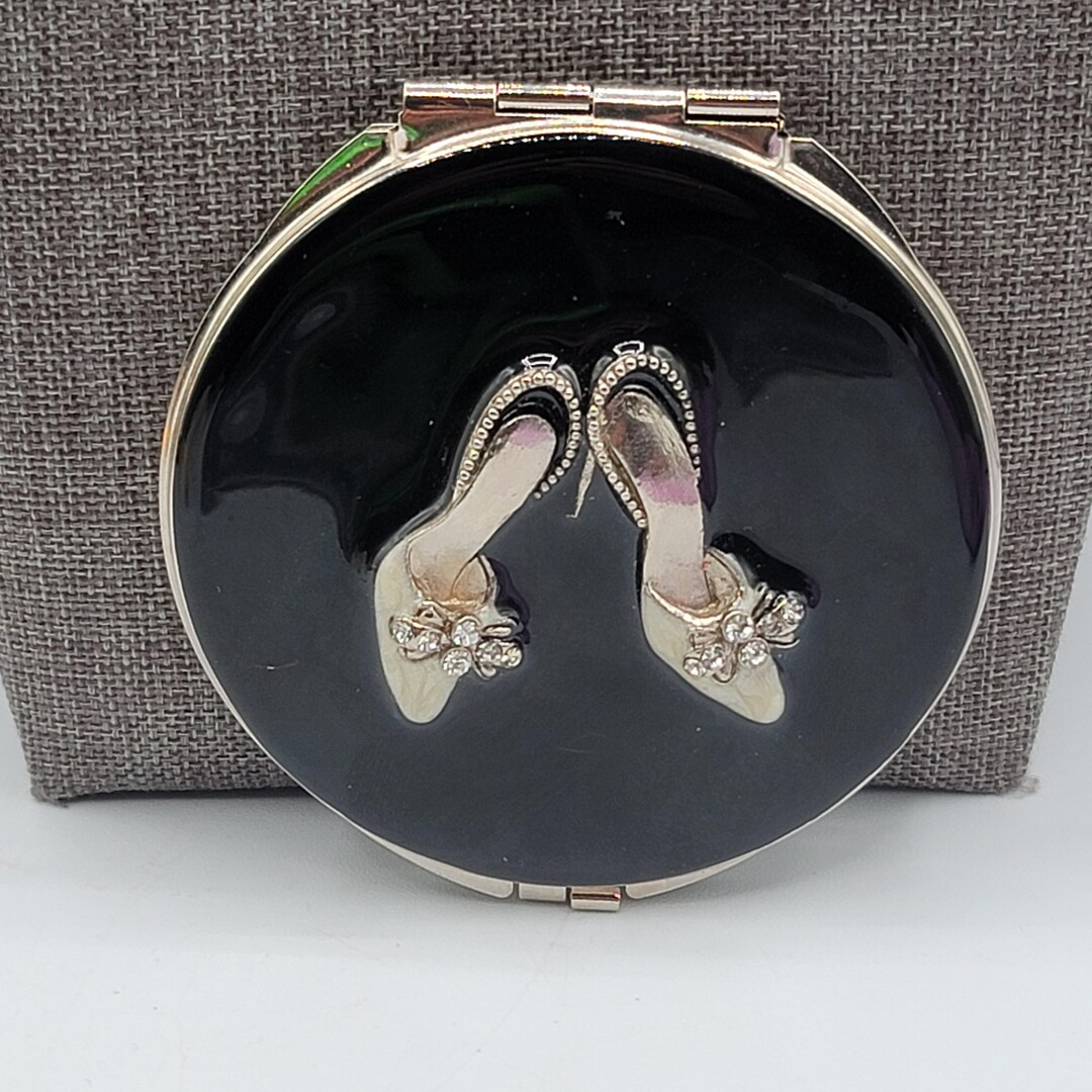 Double Mirror Compact Black Enamel Rhinestones Round - Etsy