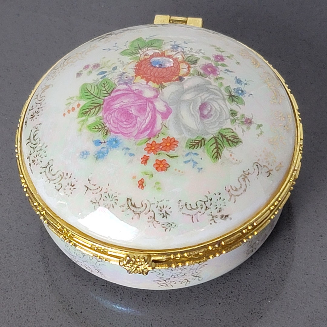 Vintage Mother of Pearl Trinket Jewelry Box Gold Floral - Etsy