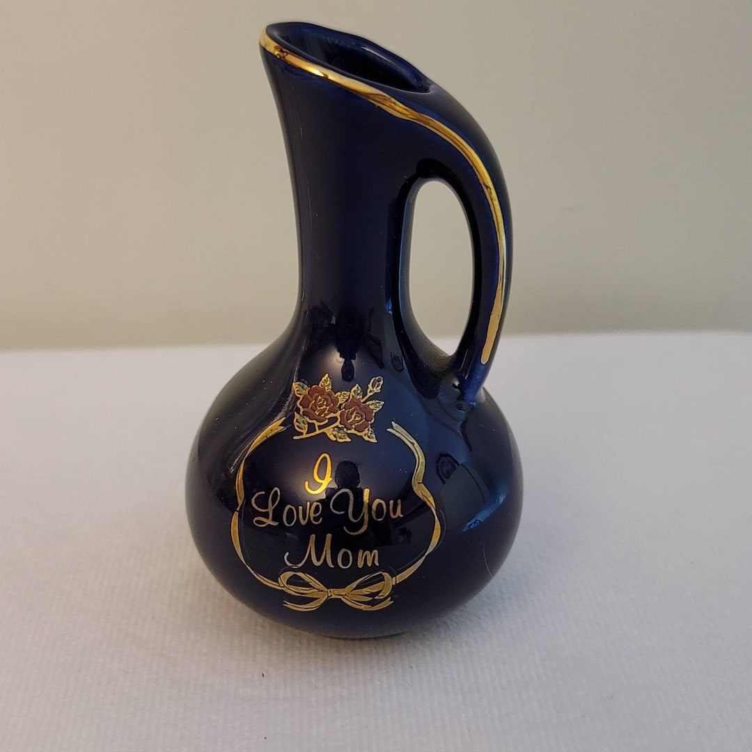 Bud Vase Vintage Cobalt Blue Gold Vase Te amo mamá Japón Bud Vase ...