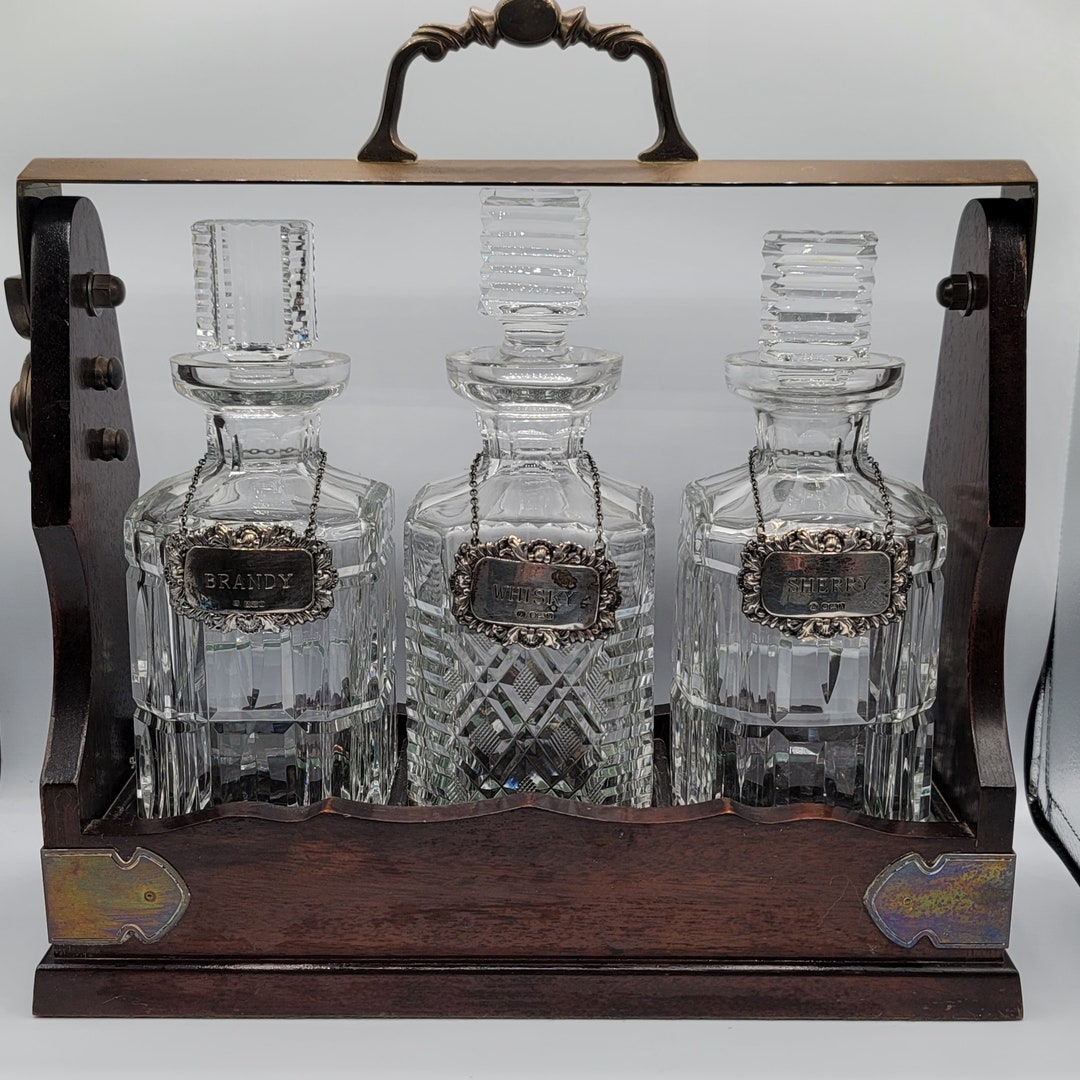 Antique Edwardian Quality Oak Tantalus With 3 Crystal Decanters Silver ...