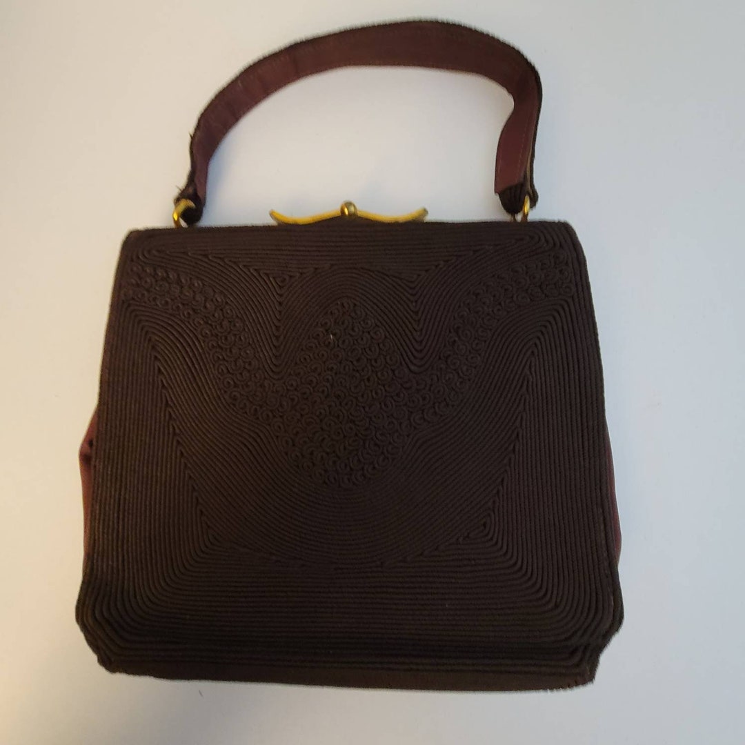 Gold Seal Top Handle Purse, Brown Fabric Purse With Zipper, Stamped ...