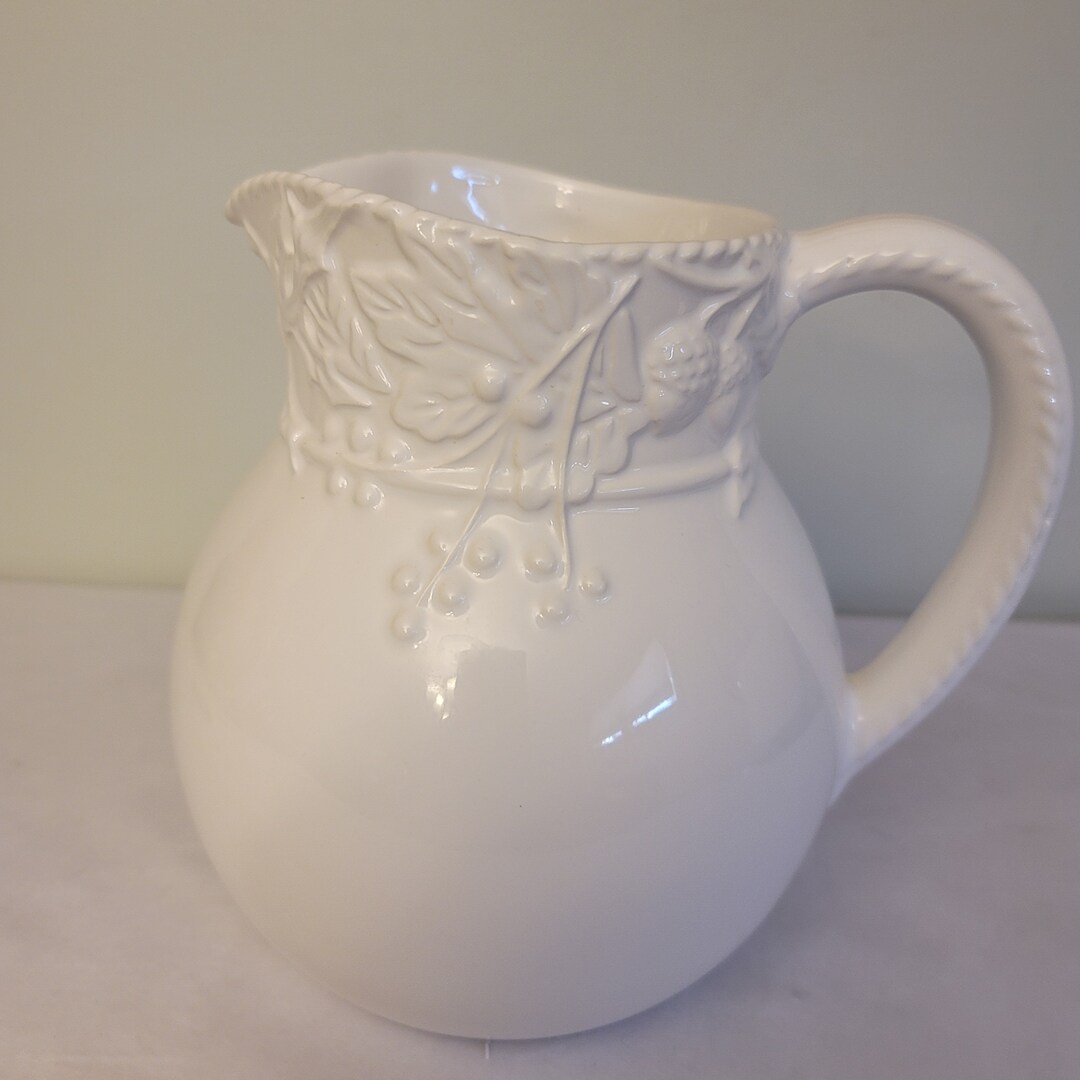 Portugal White Ceramic Pitcher Jug With Leaves Nuts and Berry Design - Etsy