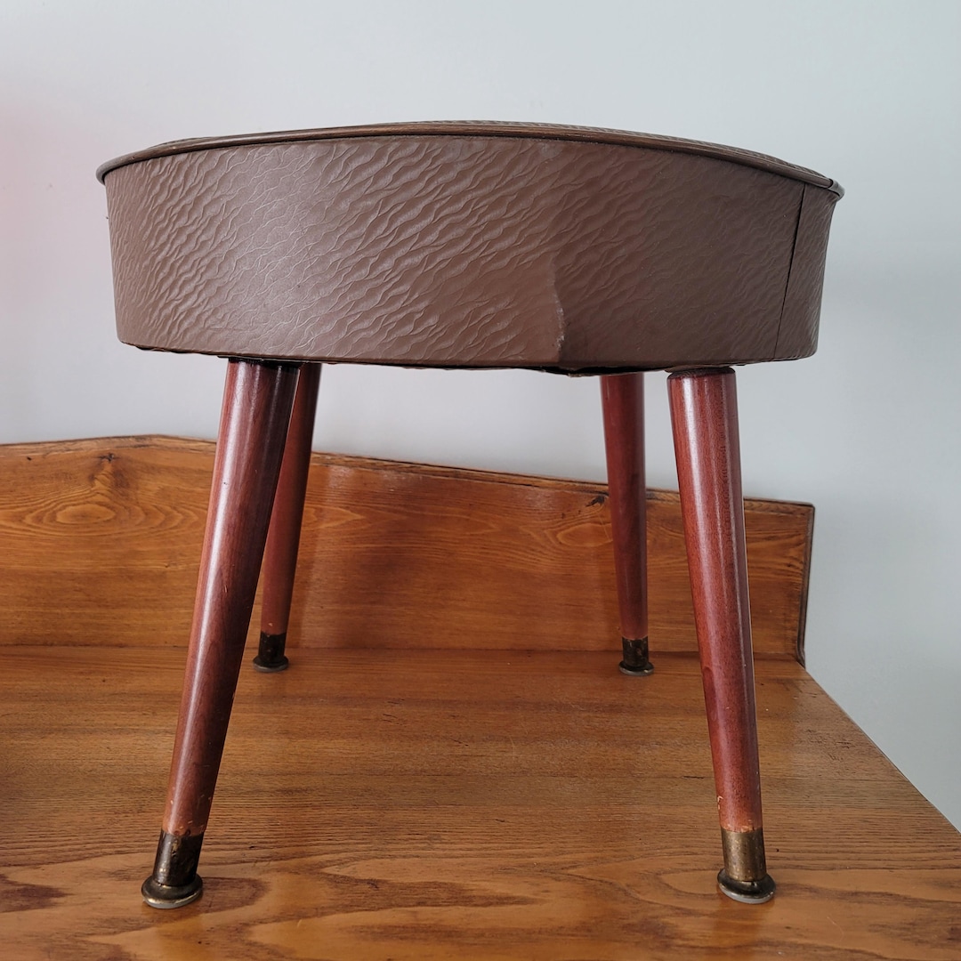 Vintage MCM Brown Round Vinyl Ottoman Foot Stool Tapered Wooden Legs ...