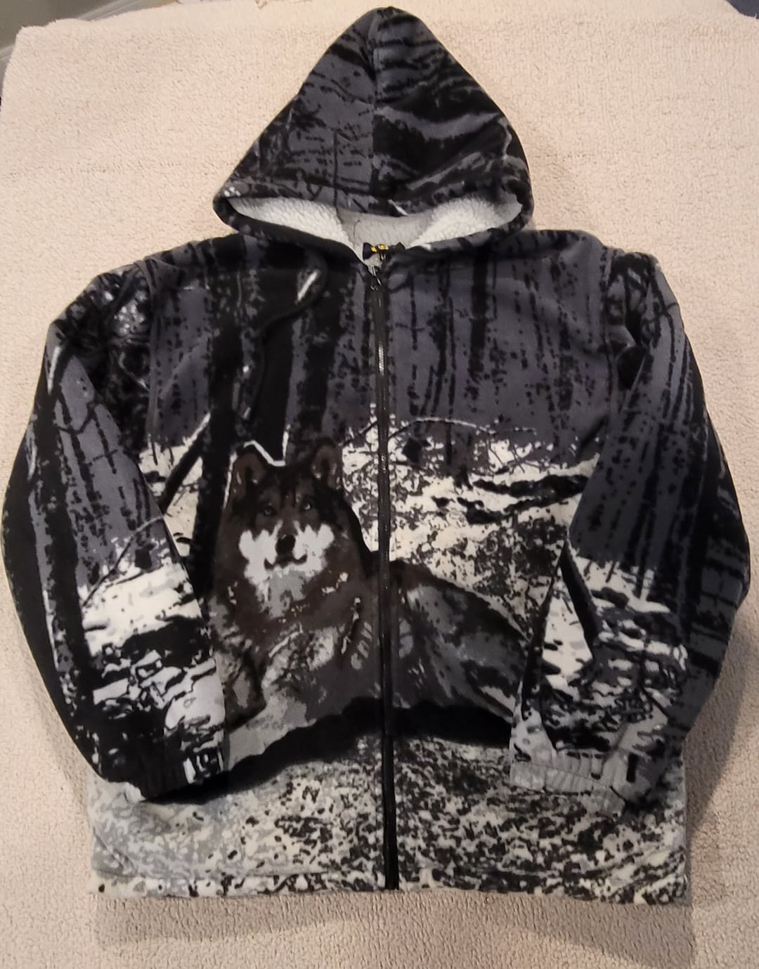 Vintage Black Mountain Outdoor Wolf Deep Pile Sherpa Fleece Zip Jacket ...