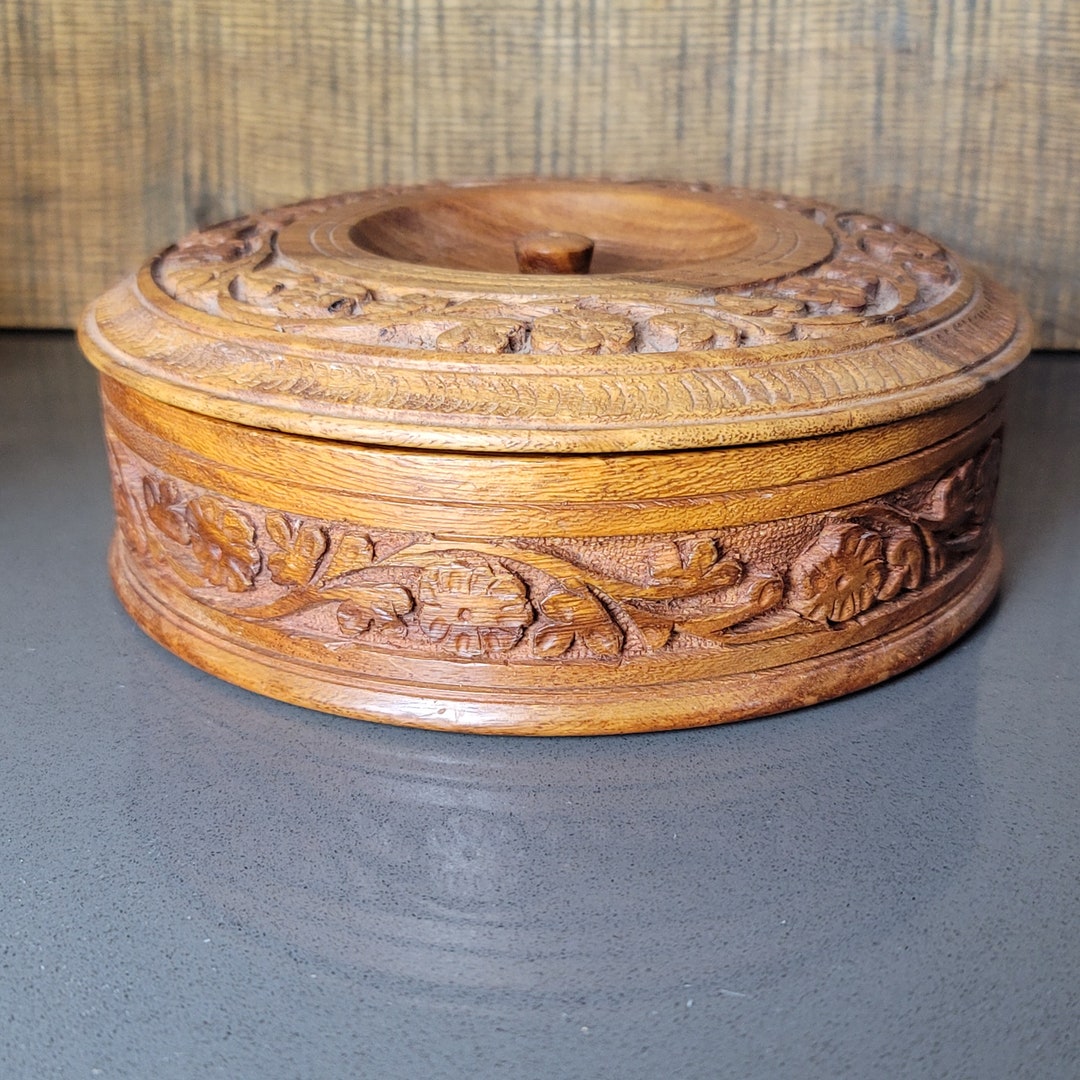 Vintage Teak Wood Trinket Box Hand Carved Round Wooden With Lid - Etsy