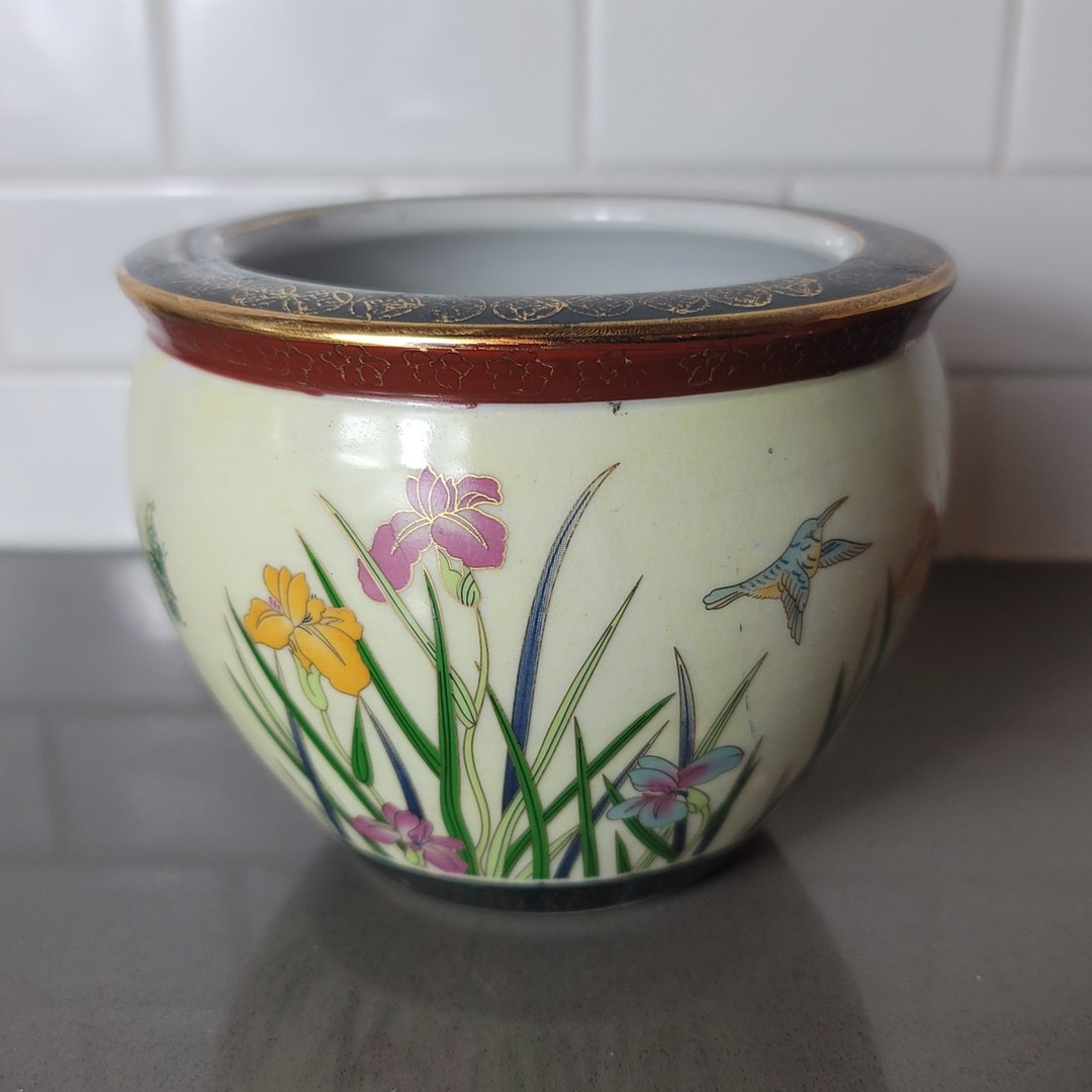 Chinoiserie Planter Ceramic Floral Hummingbird Flower Pot Fish Bowl ...