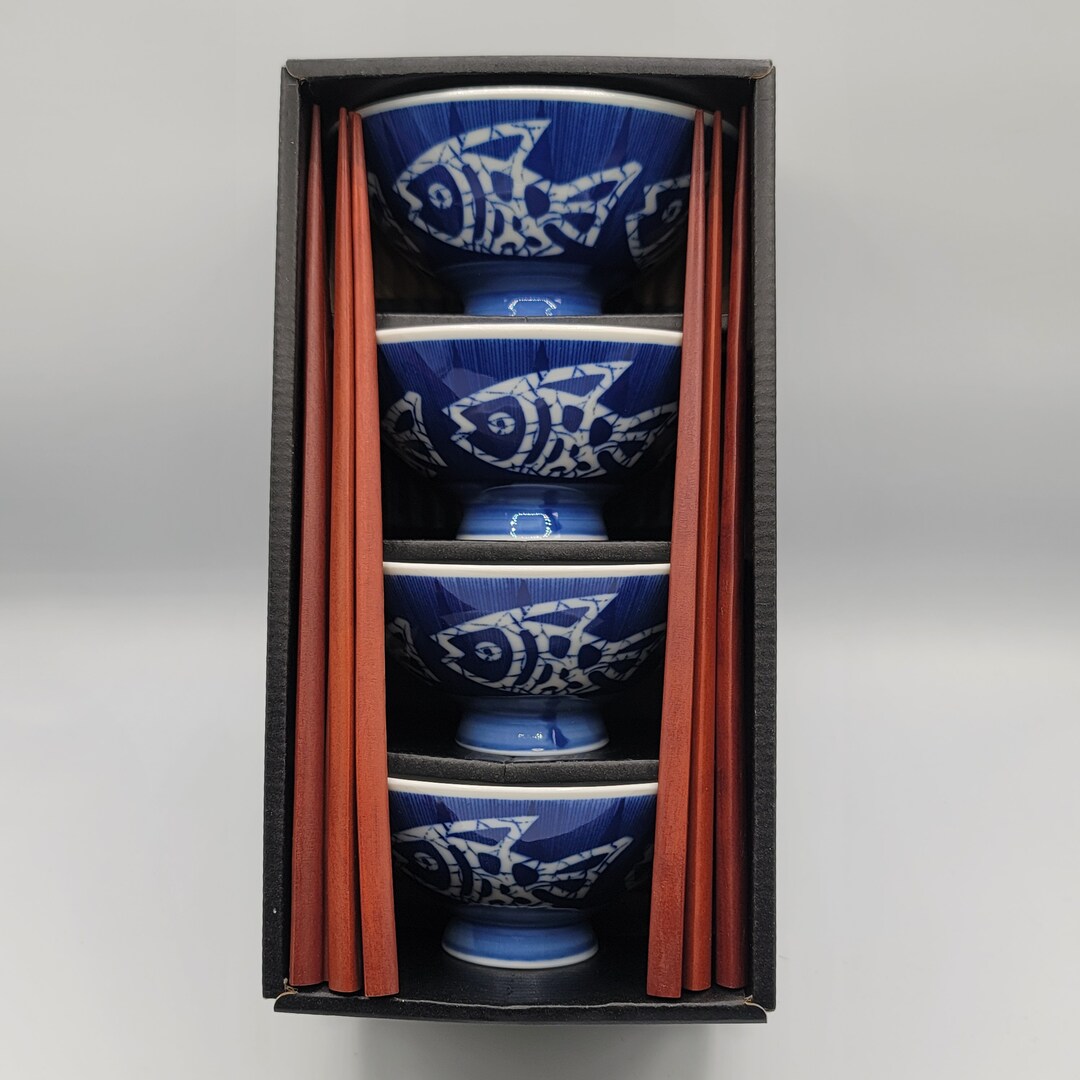 Japanese Cobalt Blue Ceramic Rice Bowl Fish Design Made in Japan With ...