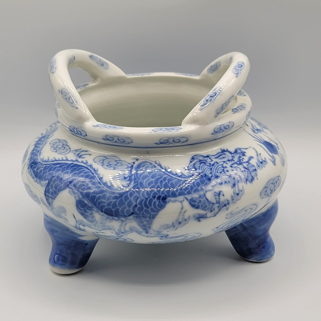 Mid 20th Century Blue and White Two Dragons and Pearl Porcelain Incense ...