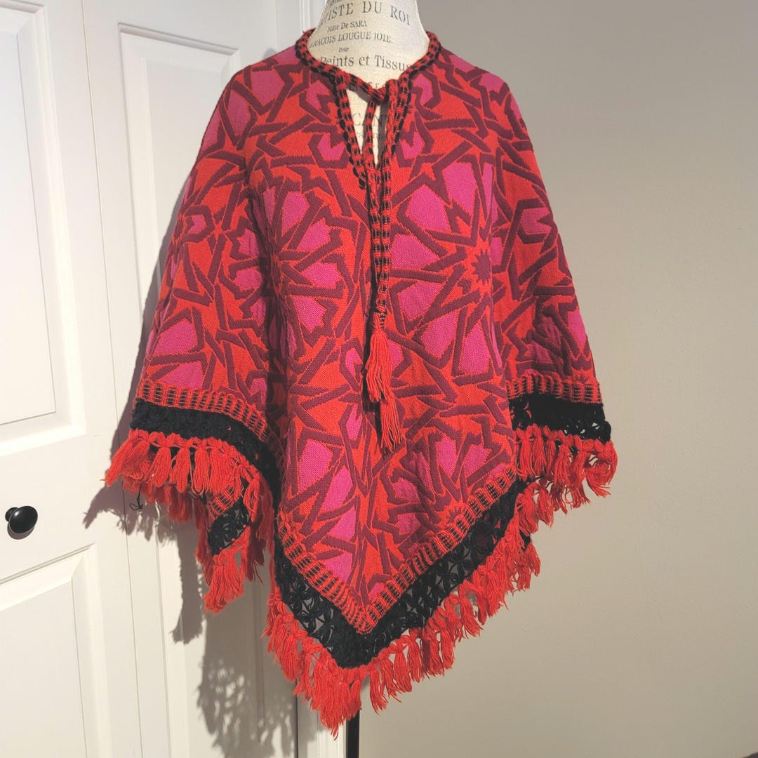 Vintage Poncho Black Red Tassle Tapestry Rare One Size - Etsy