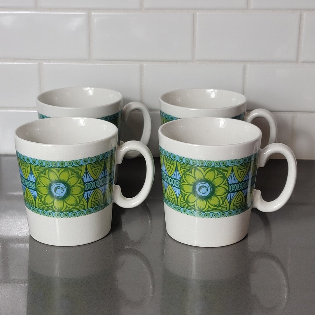 Vintage Small Coffee Mugs Green Abstract Set of Four - Etsy