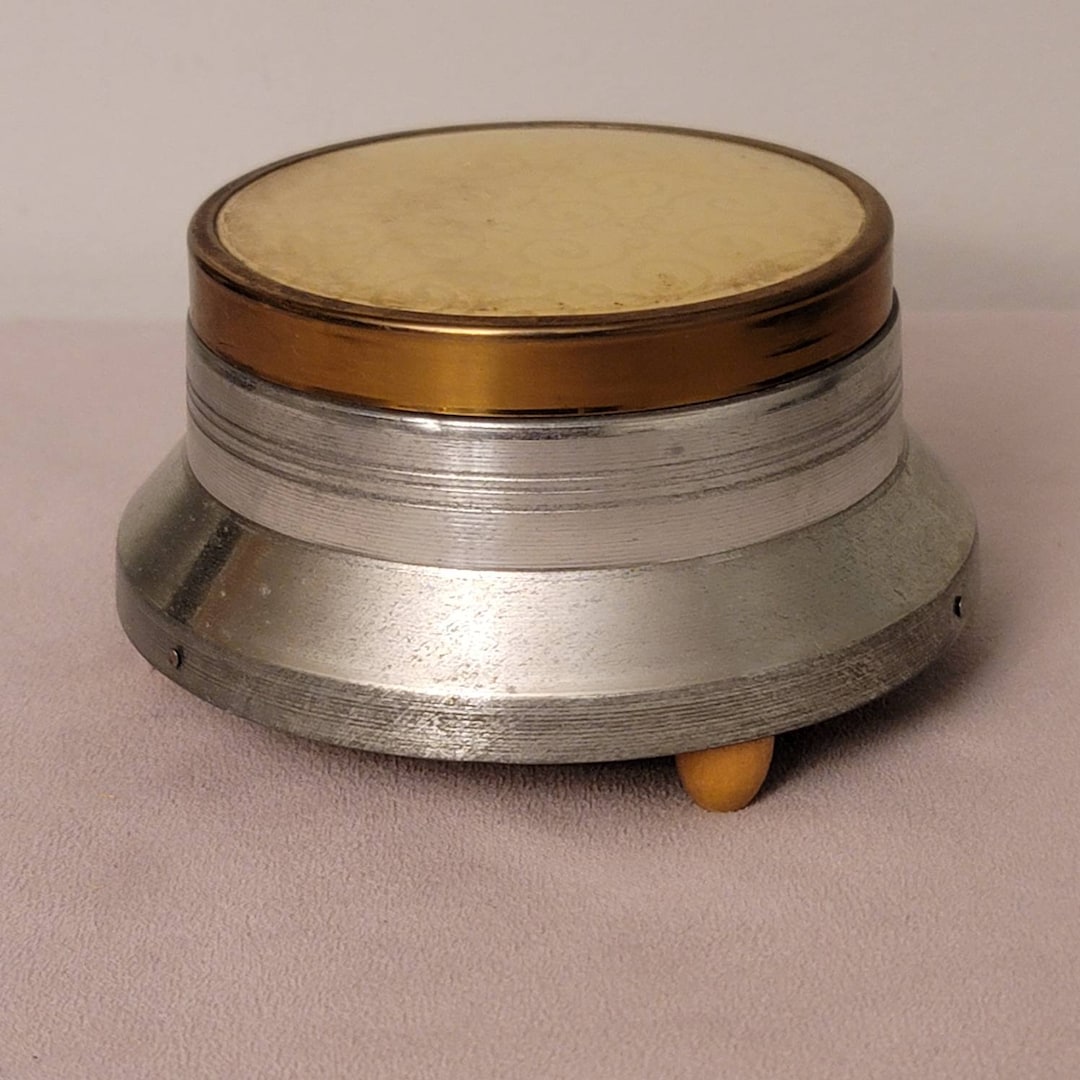 Antique 1930s Vanity Powder Puff Wind up Music Box Wood Bottom Plays ...