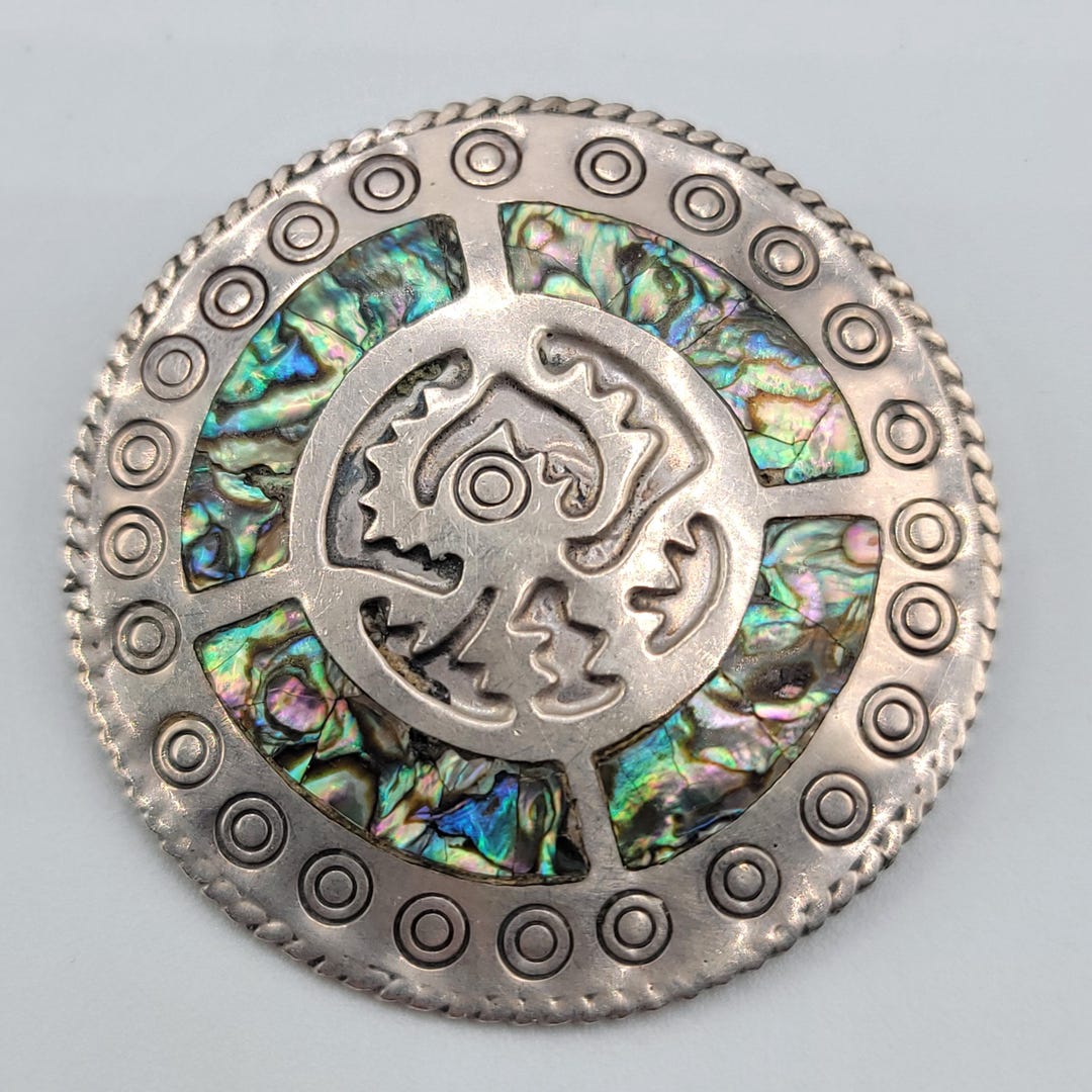 Vintage Taxco Sterling Silver Abalone Aztec Mexico Large Handmade Pin ...