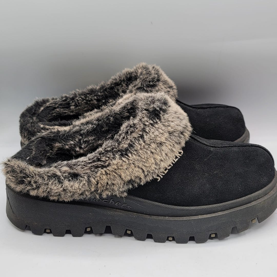 Women's Skechers Faux Fur Lined Mules Black 45703 Size 8 Slip on Clogs ...