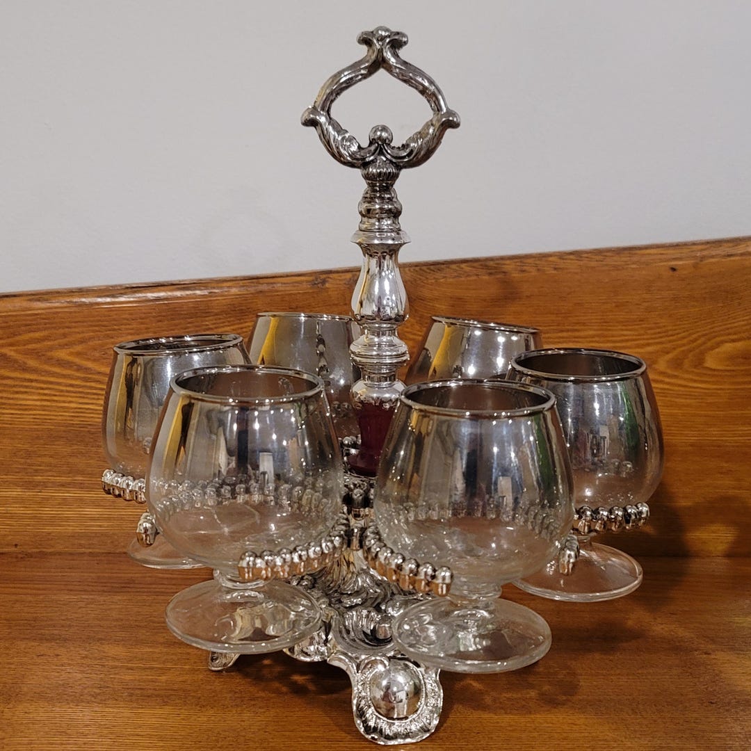 Vintage 1970 Set of 6 Dorothy Thorpe Style Brandy Glasses Metal Caddy ...