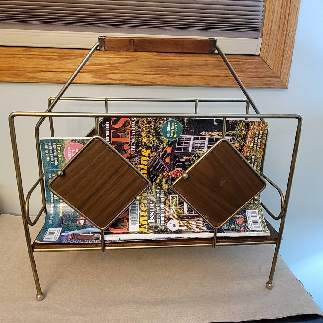 Vintage MCM Brass and Wood Magazine Rack 16 - Etsy