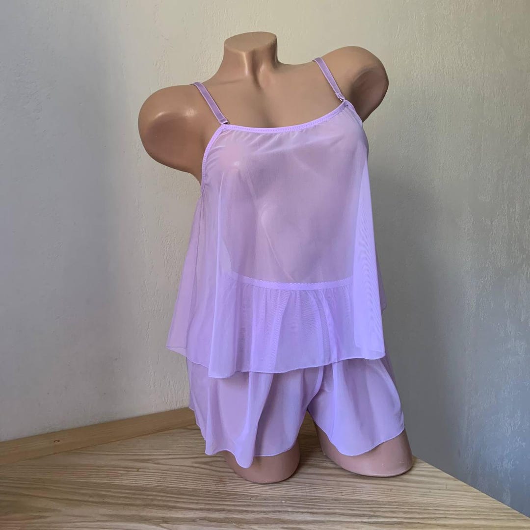 Lavender Sexy Sheer Mesh Pajama Set Sheer Boudoir Lingerie Erotic ...