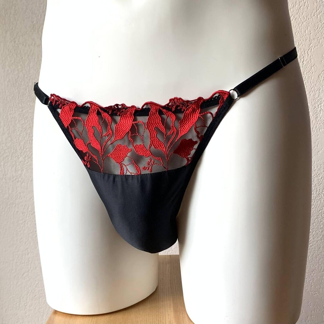 Men's Thongs, Red Luxury Men’s Thong Satin With Lace, Lace Men’s Soft Thong, Hot Red Lace Men’s ...