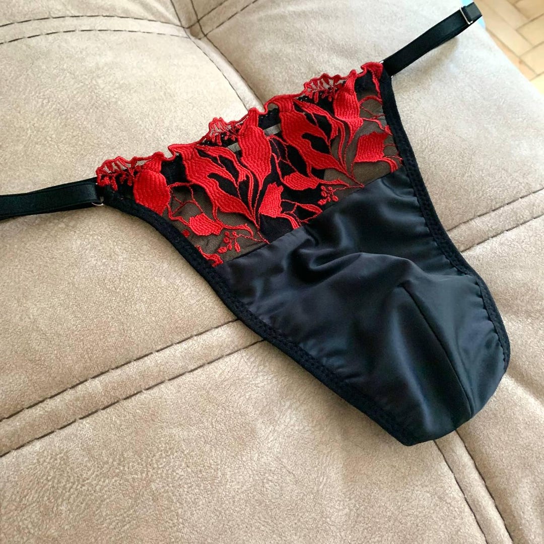 Men's Thongs, Red Luxury Men’s Thong Satin With Lace, Lace Men’s Soft Thong, Hot Red Lace Men’s ...