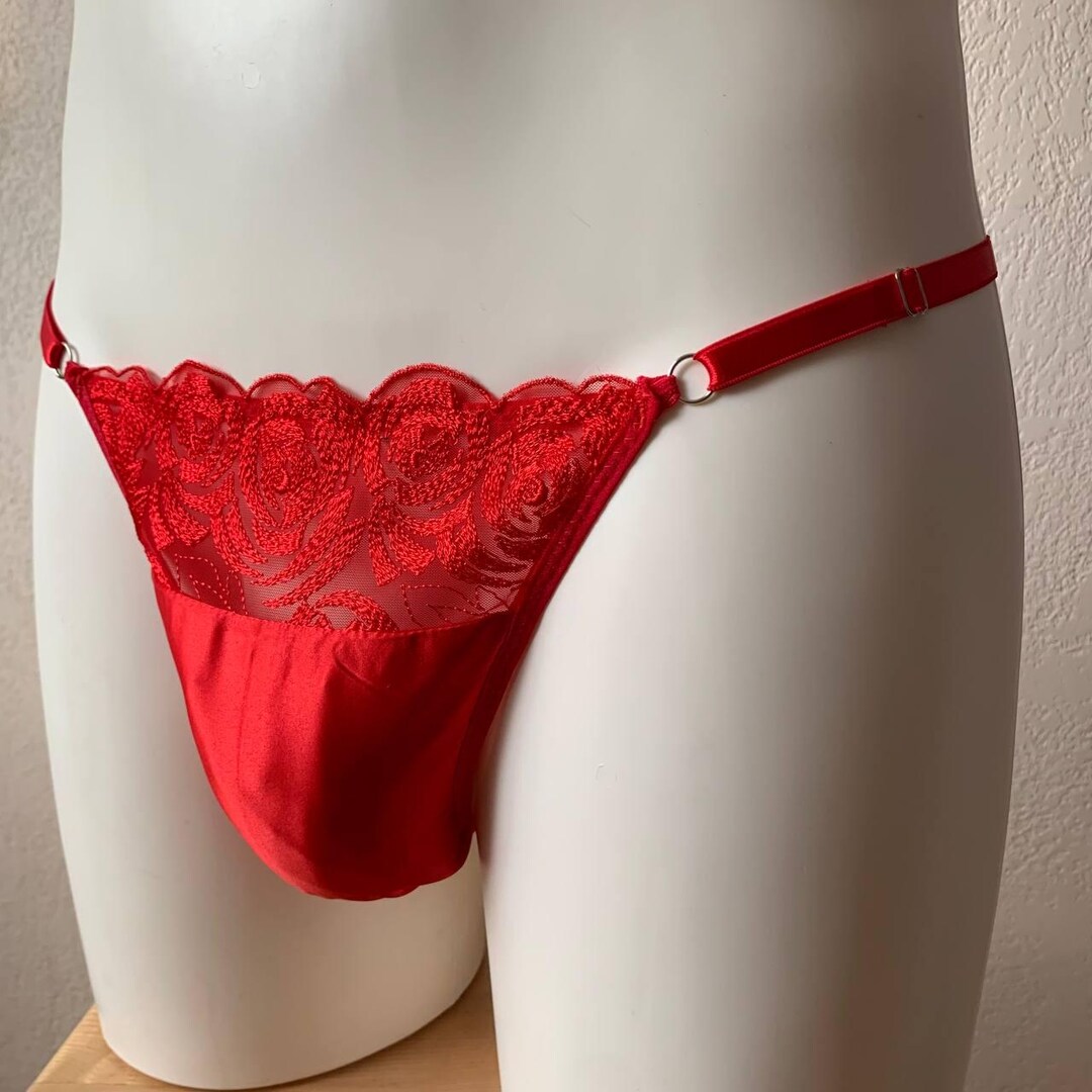 Men's Thongs, Red Luxury Men’s Thong Satin With Lace, Lace Men’s Soft Thong, Hot Red Lace Men’s ...