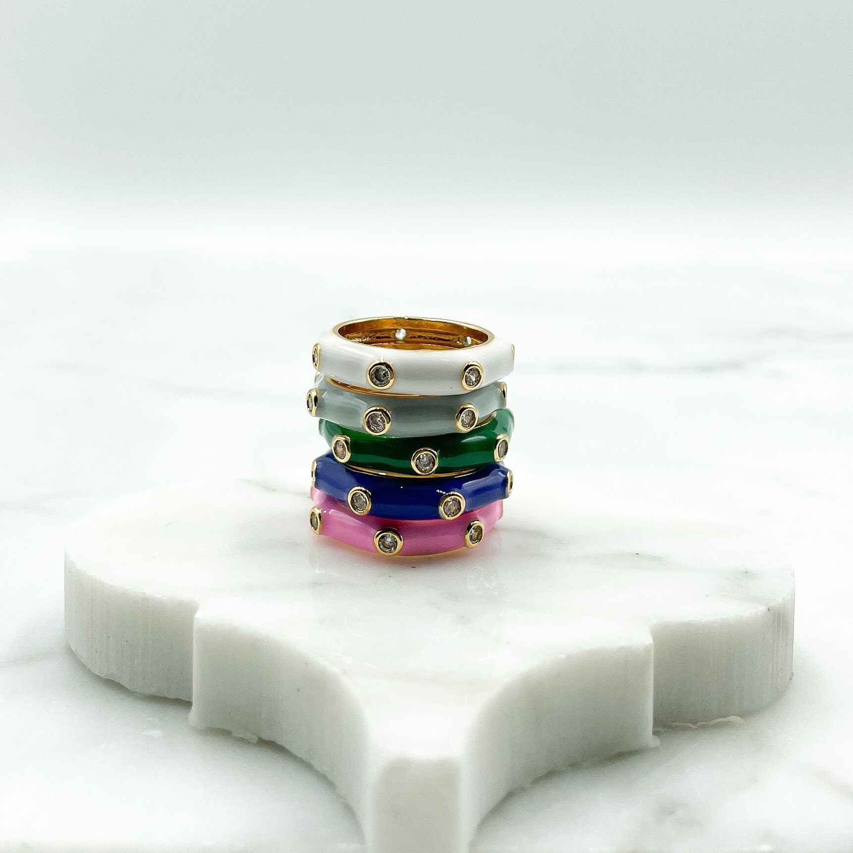 Stackable Enamel Rings With Crystal Details - Etsy