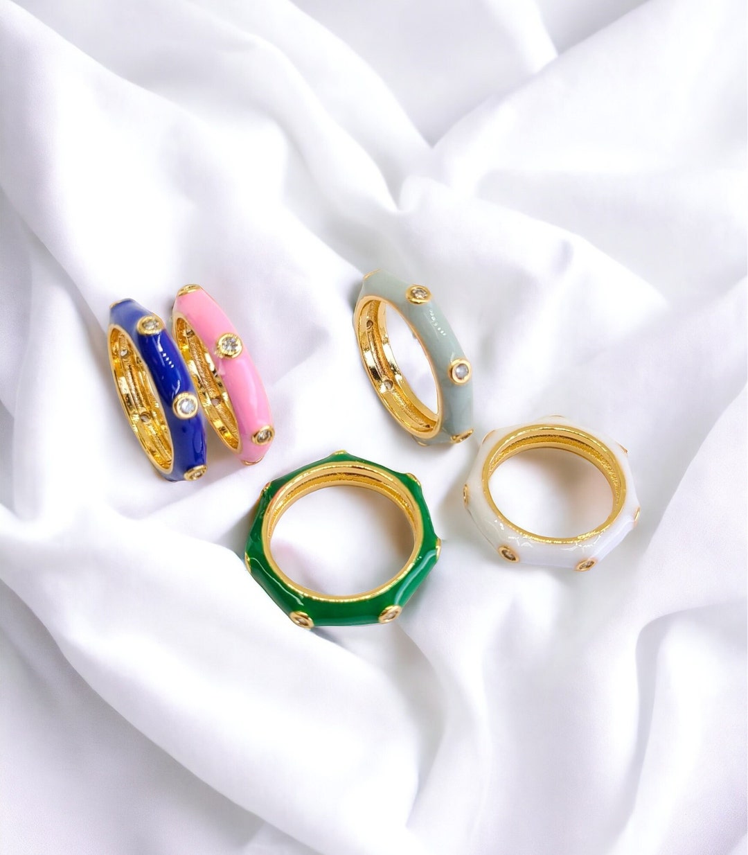 Stackable Enamel Rings With Crystal Details - Etsy