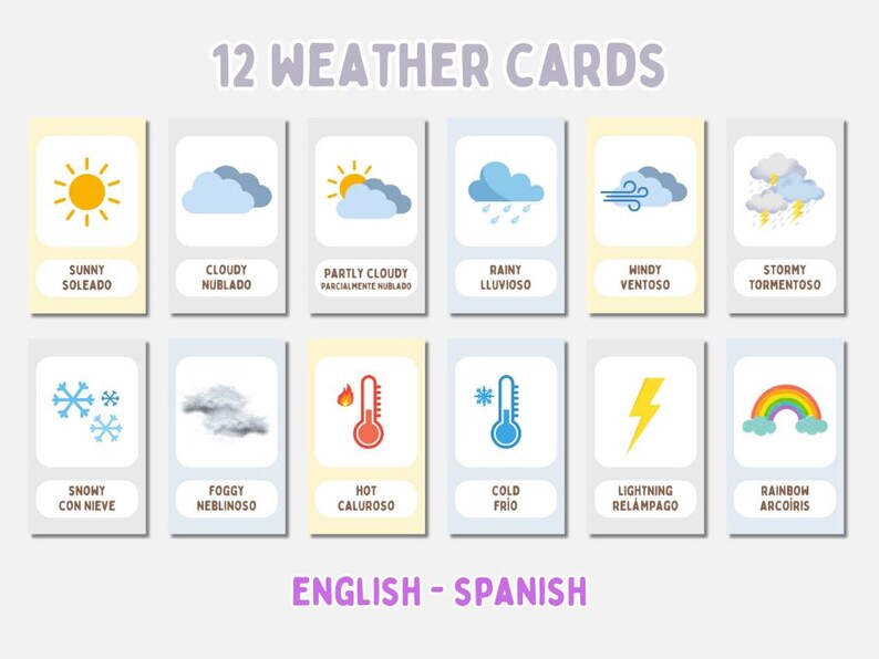Bilingual Weather Printable Flashcards | English Spanish Educational ...