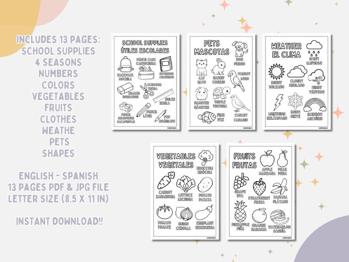 Bilingual Vocabulary Coloring Pages | English Spanish Printable ...