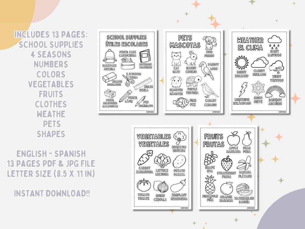 Bilingual Vocabulary Coloring Pages | English Spanish Printable ...