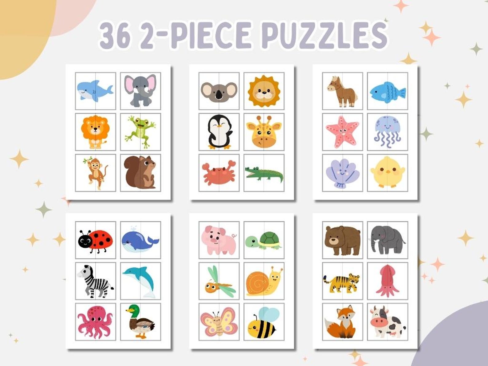 Animal Puzzle Activity Printable, Preschool Animal 2 Piece Puzzle Game ...